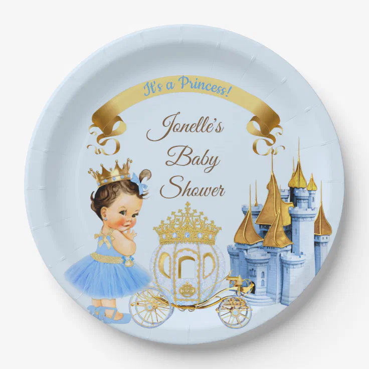 Royal Princess Castle Carriage Blue Gold Girl Paper Plates | Zazzle