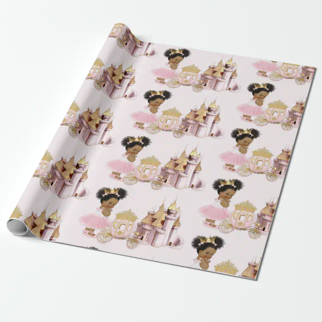 Royal Princess Castle Carriage Pink Gold Girl Wrapping Paper | Zazzle