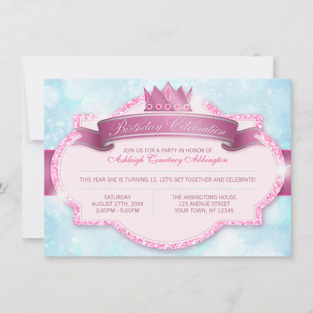 Royal Princess Pink Glitter Girls Birthday Party Invitation | Zazzle