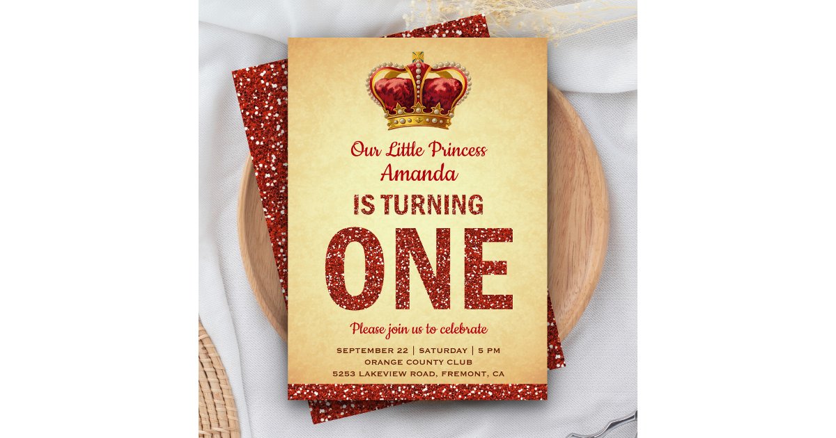 Royal Princess Red Glitter First Birthday Party Invitation | Zazzle