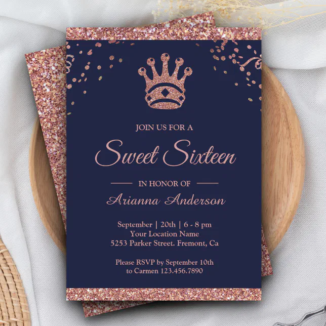 Royal Princess Rose Gold Glitter Sweet Sixteen Invitation | Zazzle