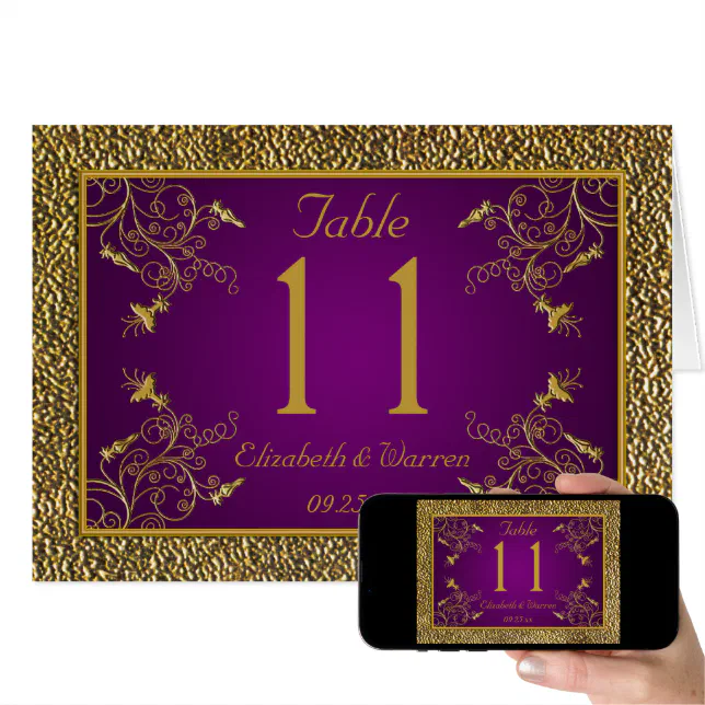 Royal Purple and Gold Floral Table Number Card | Zazzle