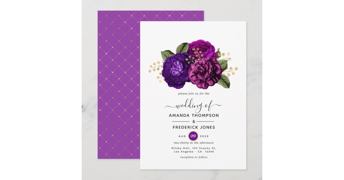 Royal Purple and Gold Floral Wedding Invitation | Zazzle
