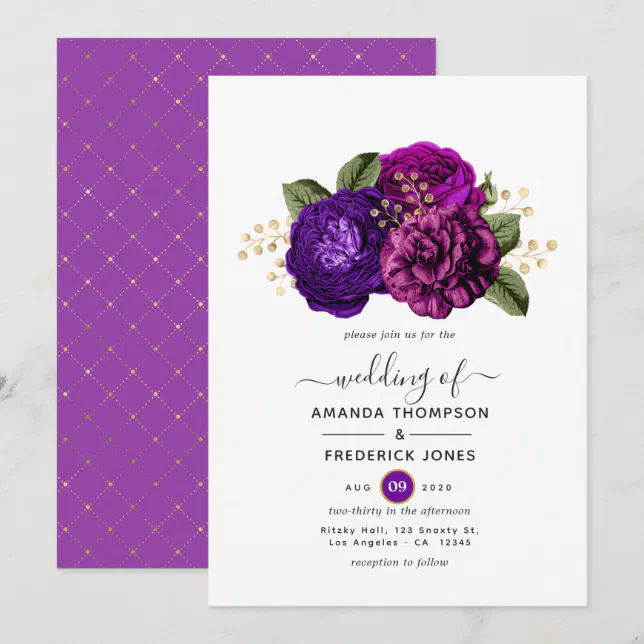 Royal Purple and Gold Floral Wedding Invitation | Zazzle