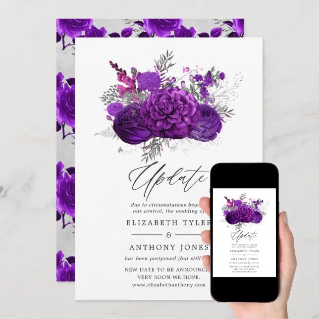 Royal Purple and Silver Floral Wedding Update Invitation | Zazzle