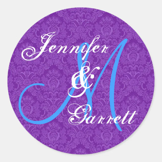 ROYAL PURPLE and TURQUOISE Wedding Monogram Classic Round Sticker | Zazzle