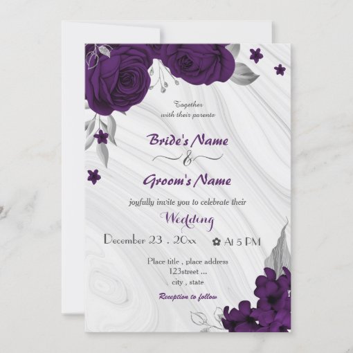 royal purple flowers silver wedding invitation | Zazzle