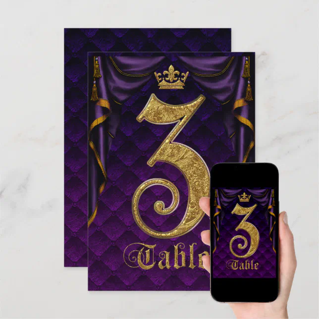 Royal Purple Gold Crown Wedding Table Number 3 | Zazzle
