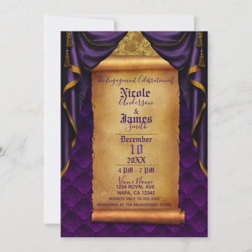 Royal Purple & Gold Drapes Scroll Engagement Party Invitation | Zazzle