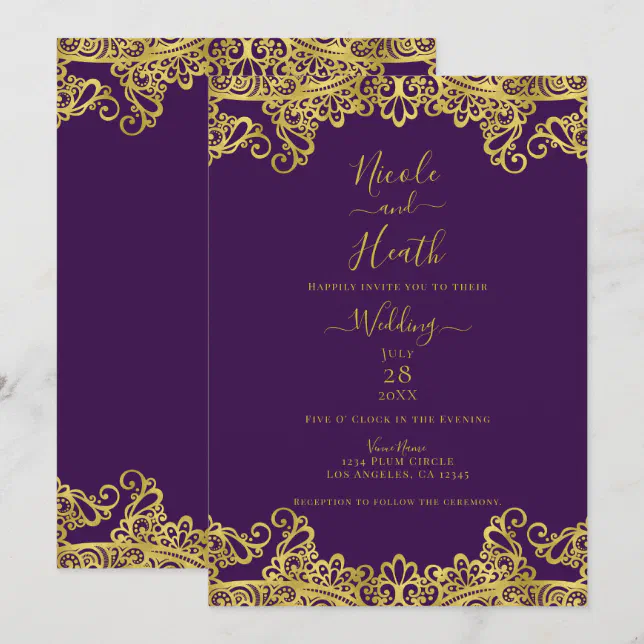 Royal Purple & Gold Lace Elegant Wedding Invitation | Zazzle