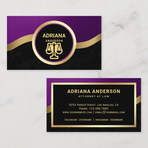 Royal Purple Gold Lawyer Justice Scale Attorney Business Card | Zazzle