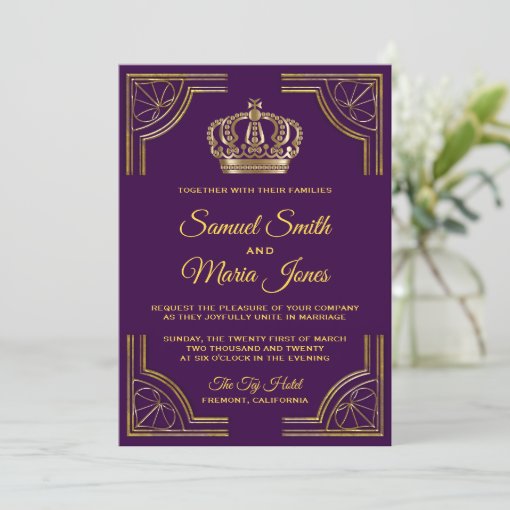 Royal Purple Gold Ornate Crown Wedding Invitation | Zazzle