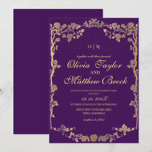 Royal Purple Gold Ornate Flowers The Wedding of Invitation | Zazzle
