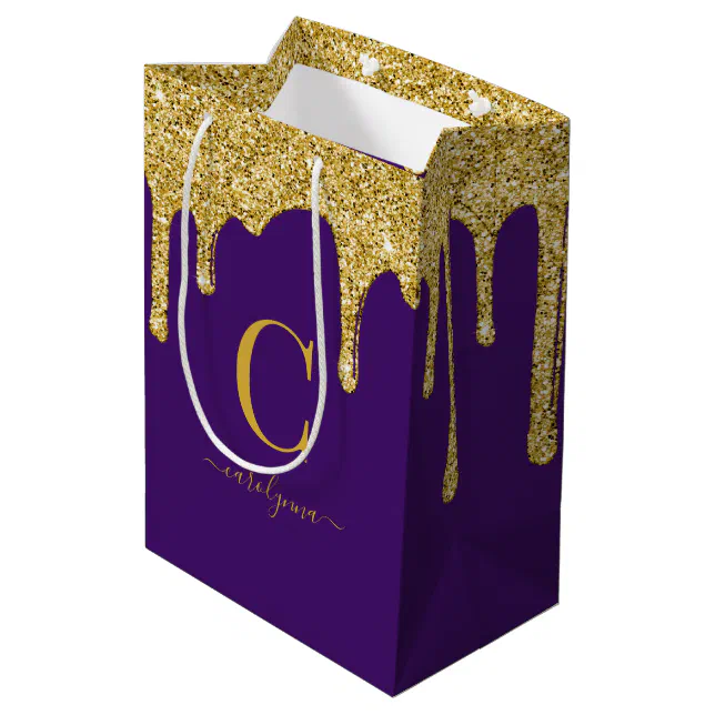 Royal Purple Gold Sparkle Glitter Drips Monogram Medium Gift Bag | Zazzle