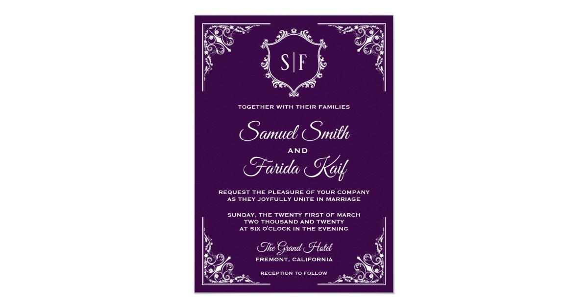 Royal Purple Ornate Monogram Wedding Invitation | Zazzle.com