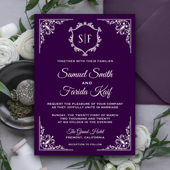 Royal Purple Ornate Monogram Wedding Invitation | Zazzle