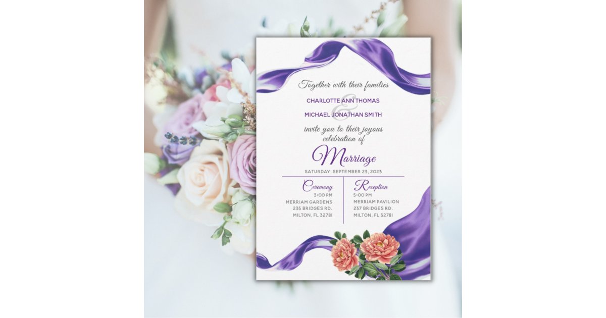 Royal Purple Ribbon & Floral Wedding Invitation | Zazzle