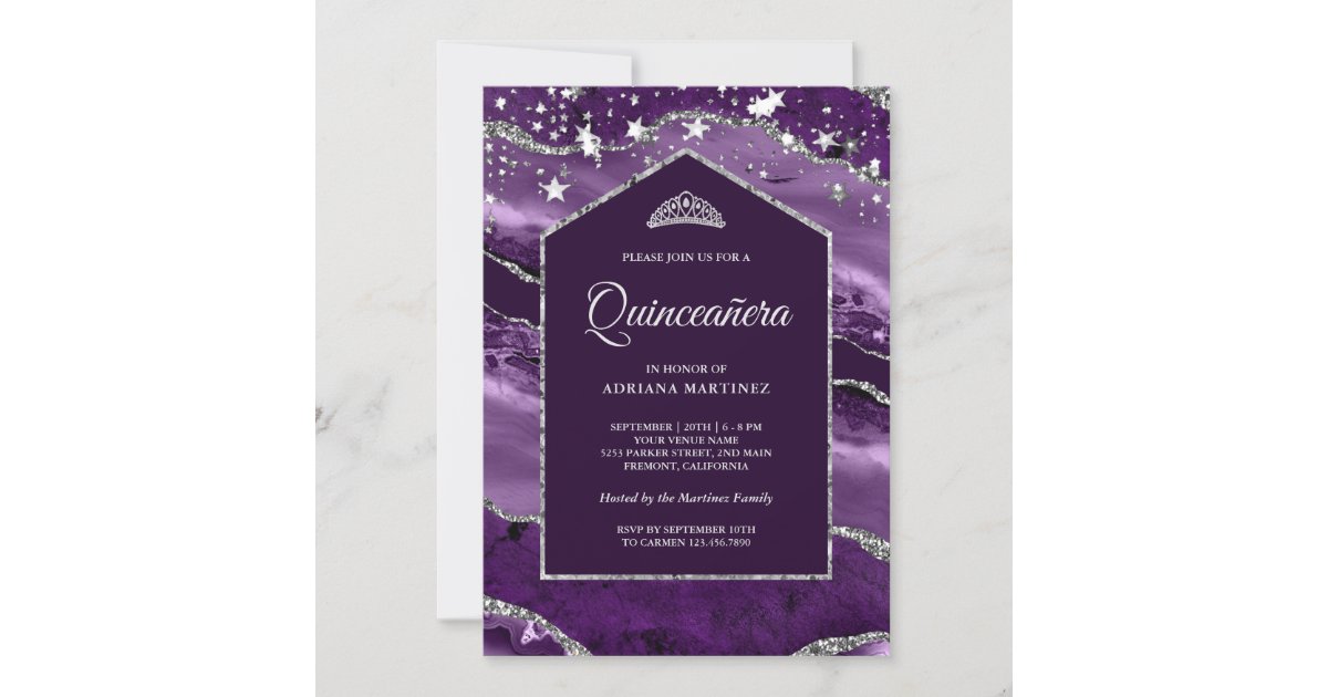 Royal Purple Silver Agate Marble Arch Quinceanera Invitation | Zazzle