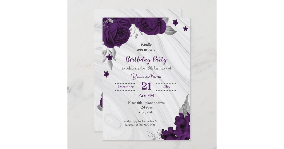 royal purple silver floral birthday party invitation | Zazzle