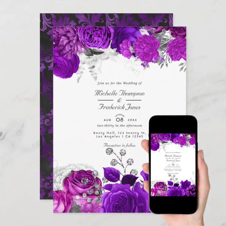 Royal Purple & Silver Floral Wedding QR Code Rsvp Invitation | Zazzle