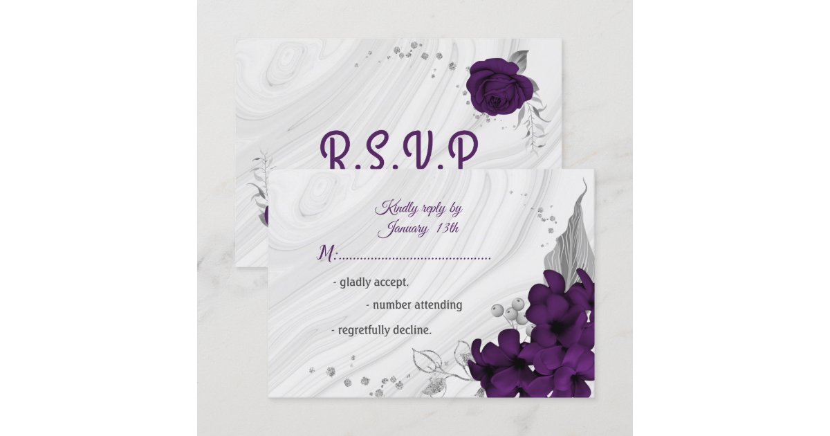royal purple silver gray floral RSVP card | Zazzle