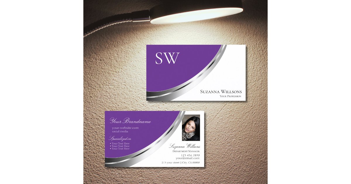 Royal Purple White Silver Decor Monogram and Photo Business Card | Zazzle