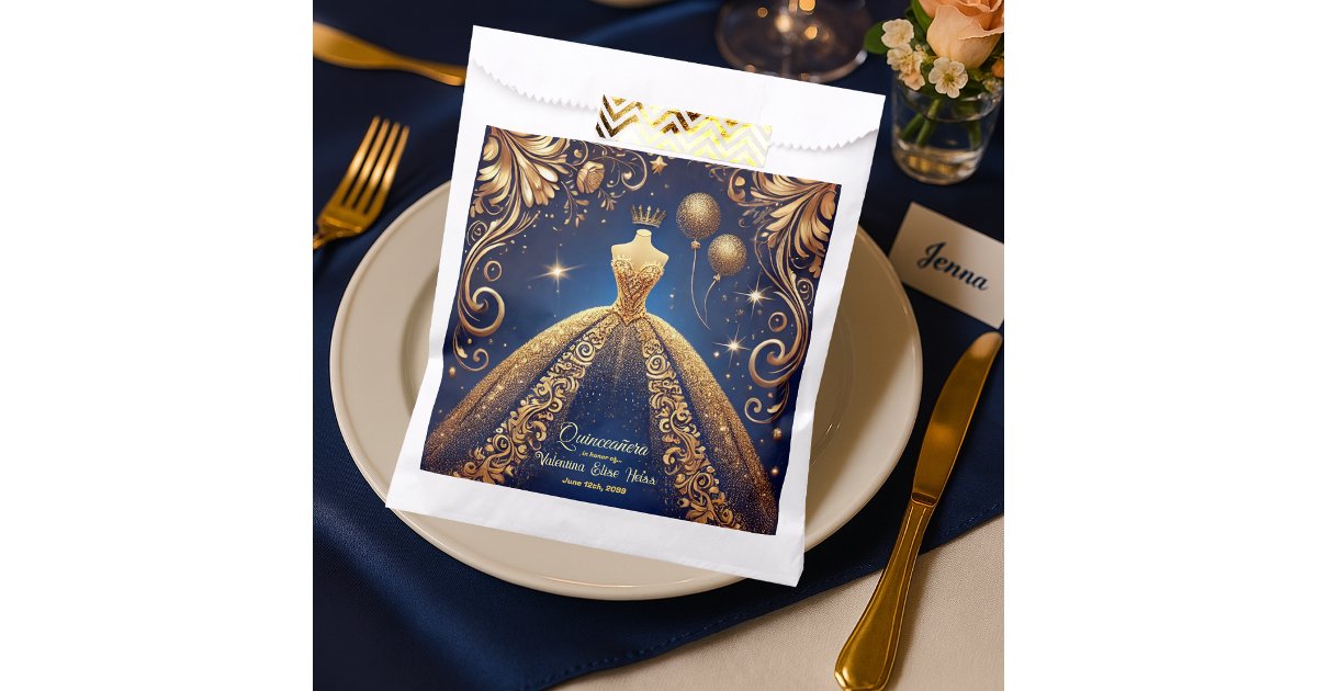 Royal Quinceañera Gold and Navy Princess Theme Favor Bag | Zazzle