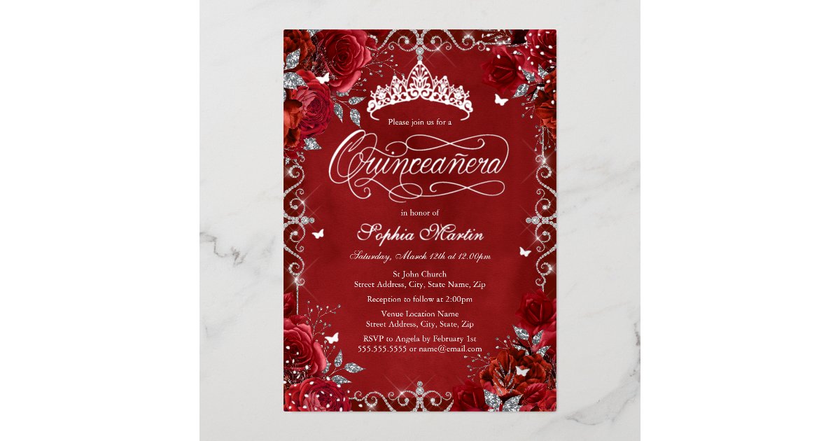 Royal Red Silver Butterfly Rose Quinceanera Foil Invitation | Zazzle