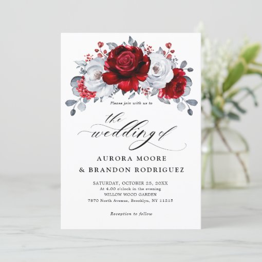Royal Red White Silver Metallic Floral Wedding Invitation | Zazzle