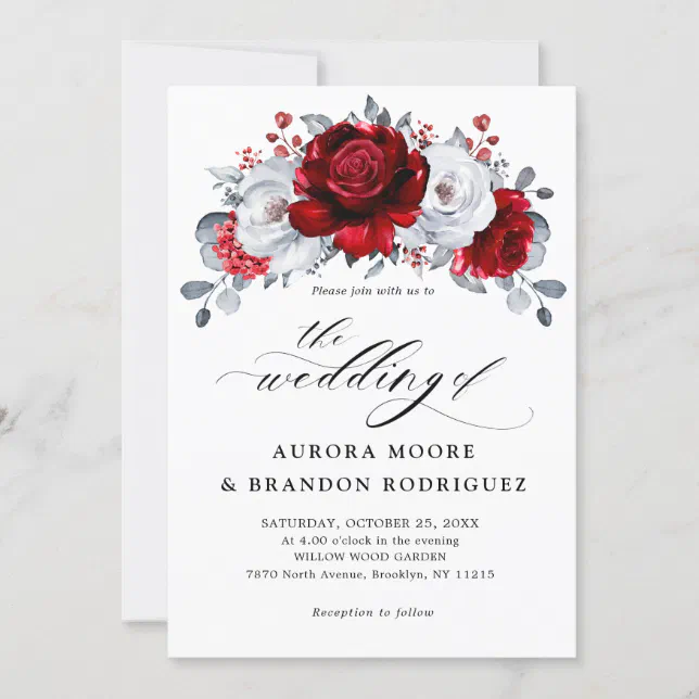 Royal Red White Silver Metallic Floral Wedding Invitation | Zazzle