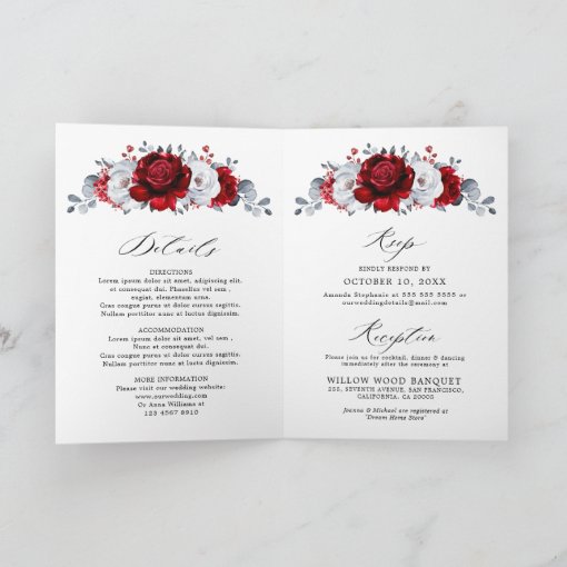 Royal Red White Silver Metallic Floral Wedding Invitation | Zazzle