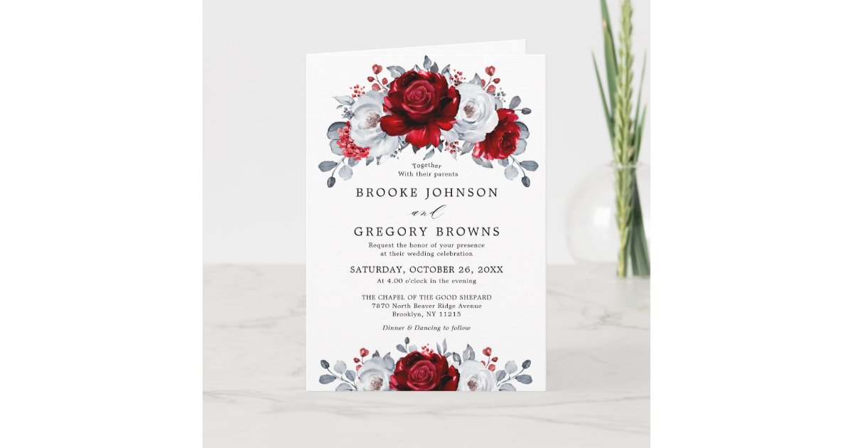 Royal Red White Silver Metallic Floral Wedding Invitation | Zazzle