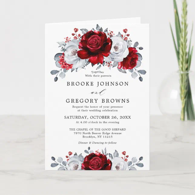 Royal Red White Silver Metallic Floral Wedding Invitation | Zazzle