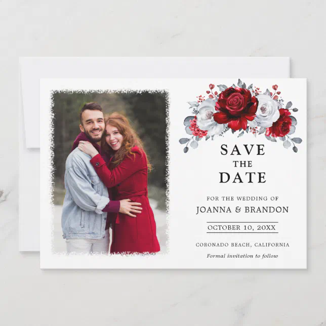 Royal Red White Silver Metallic Floral Wedding Save The Date | Zazzle