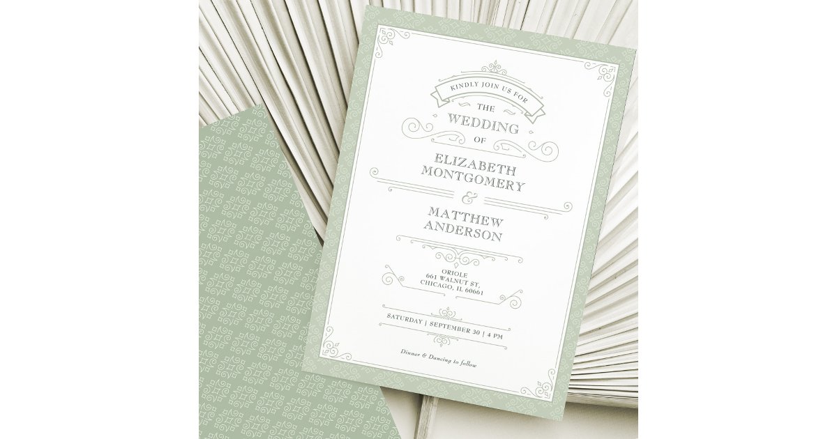 Royal Sage Green Vintage Retro Wedding Invitation | Zazzle