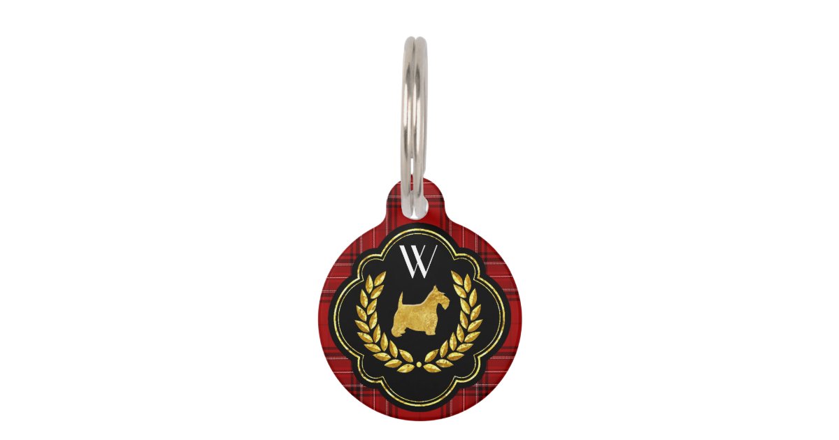 Royal Scottie Red Plaid Monogram Pet Name Tag | Zazzle