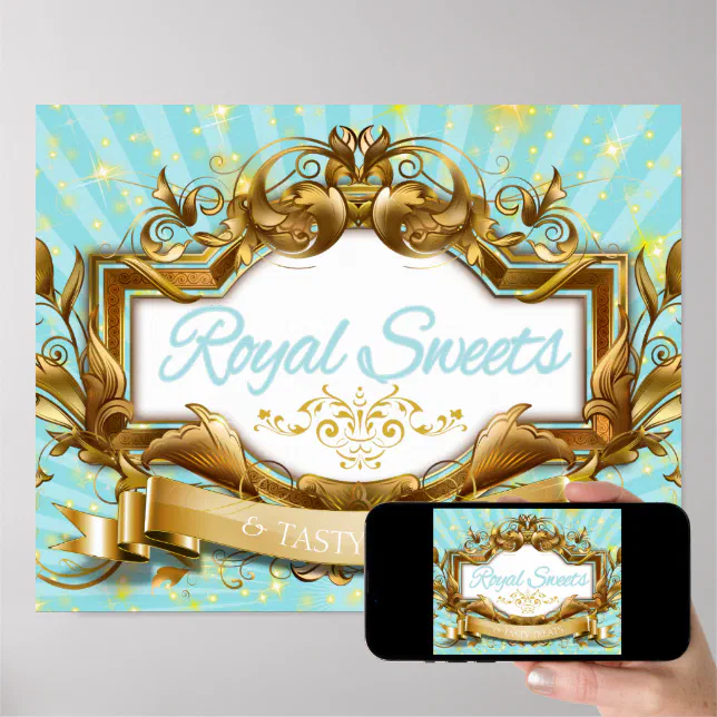 Royal Sweets and Tasty Treats Blue and Gold Sign | Zazzle