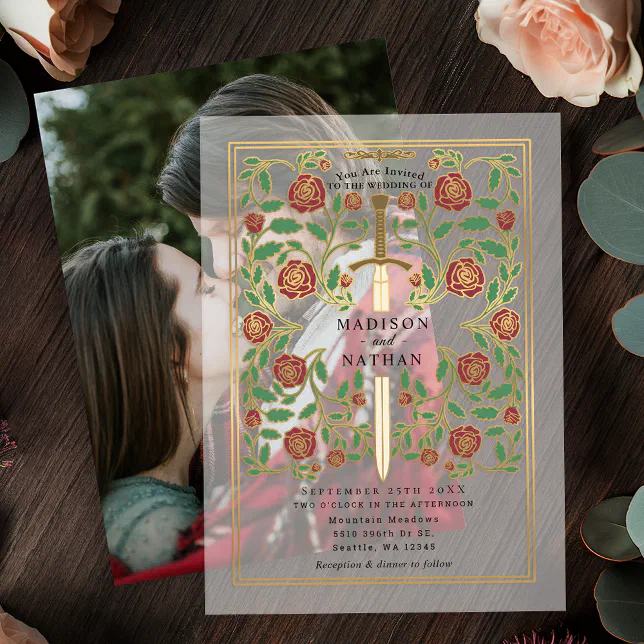 Royal Sword Floral Medieval Fantasy Wedding Vellum Invitations | Zazzle