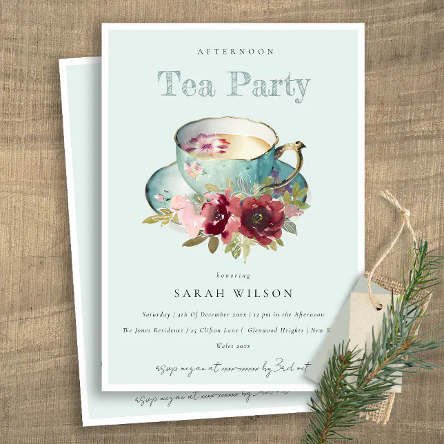 Royal Teal Gold Floral Teacup Afternoon Tea Party Invitation | Zazzle