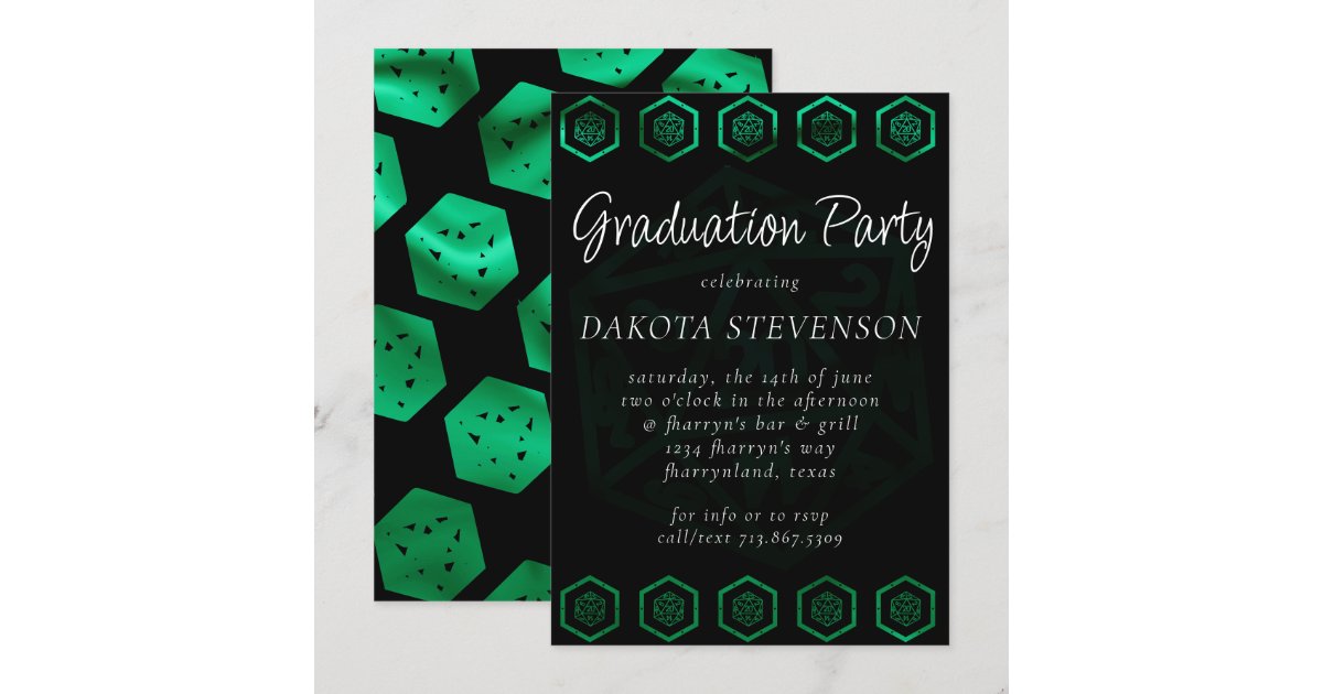 RPG Green Dice | Fantasy Tabletop PnP Graduation Invitation | Zazzle