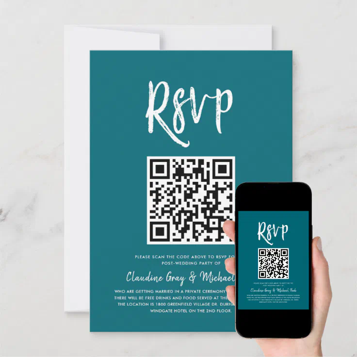 RSVP by QR Code | Teal Script Style RSVP Invitation | Zazzle