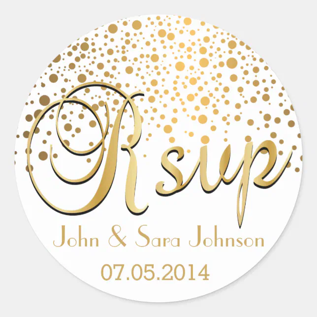 RSVP | Gold Confetti Dots | Personalize Classic Round Sticker | Zazzle