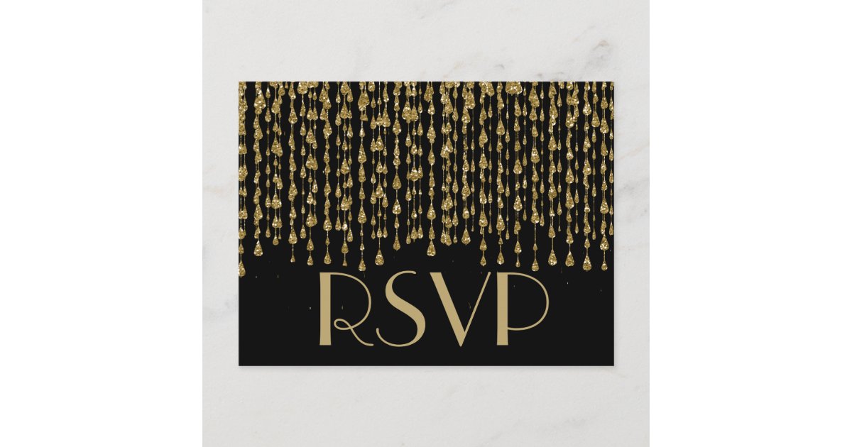RSVP | Gold Confetti Streams with Black Background Invitation Postcard ...
