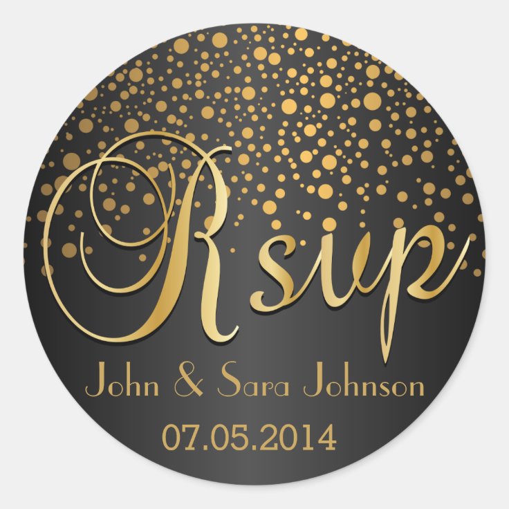 RSVP | Gold Dots and Black | Personalize Classic Round Sticker | Zazzle