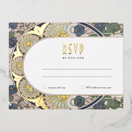 RSVP Gold Navy Blue Reply Vintage Art Nouveau Foil Holiday Postcard ...