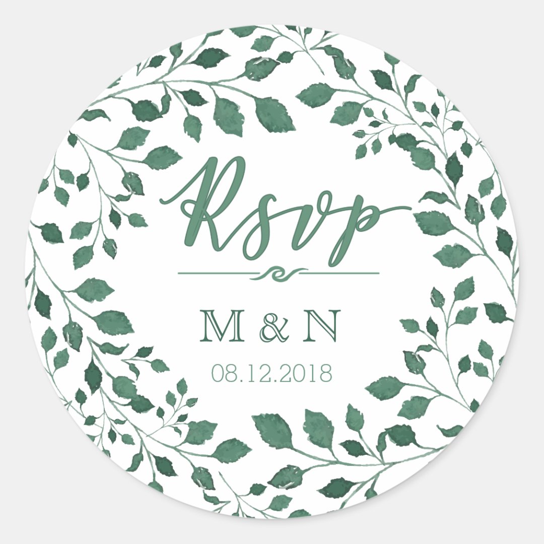 RSVP | Green Leaves Wreath Monogram Wedding Classic Round Sticker | Zazzle