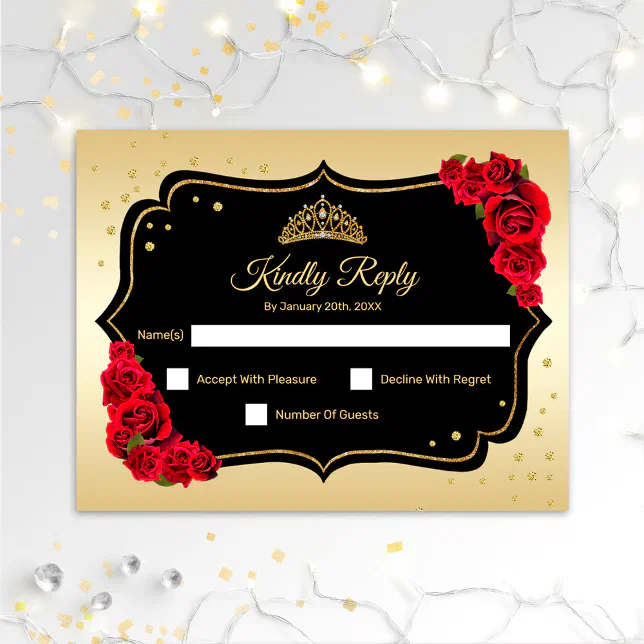 RSVP Quinceanera Party - Gold Black Red Card | Zazzle