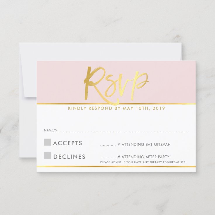 RSVP REPLY CARD pale blush pink gold script | Zazzle