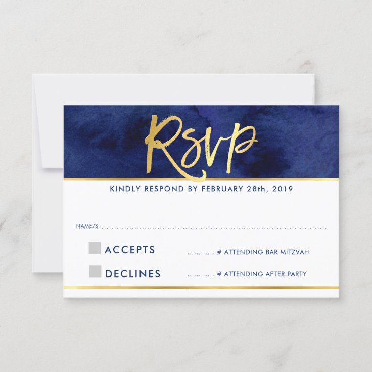 RSVP REPLY modern blue watercolor gold writing | Zazzle