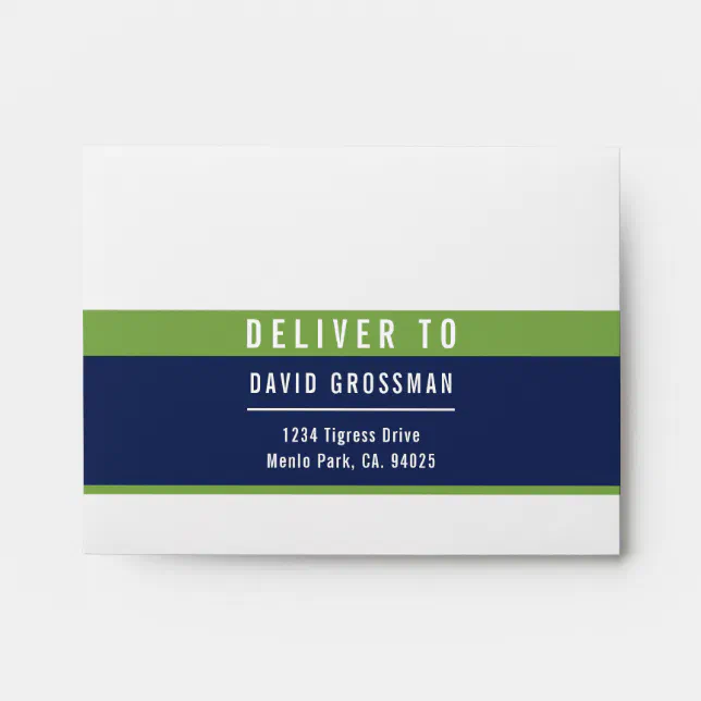 RSVP RETURN ADDRESS modern sporty navy green Envel Envelope | Zazzle